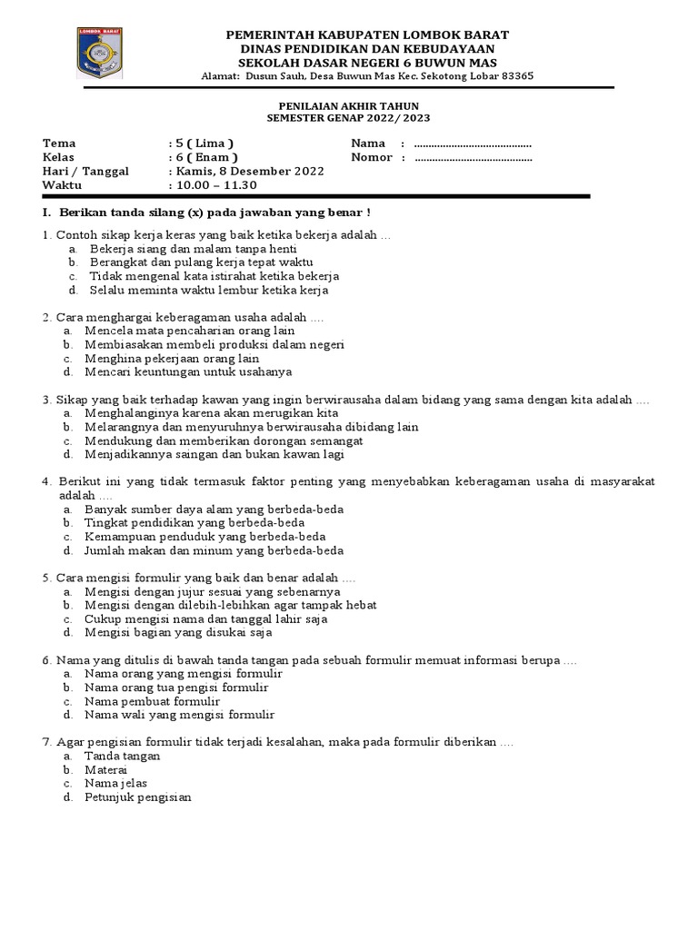 Soal Pas Kelas 6 Tema 5 Pilihan Ganda | PDF