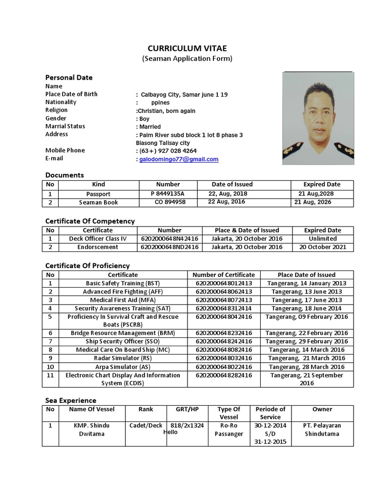 CURRICULUM VITAE Seaman Application Form | PDF | Watercraft | Ships