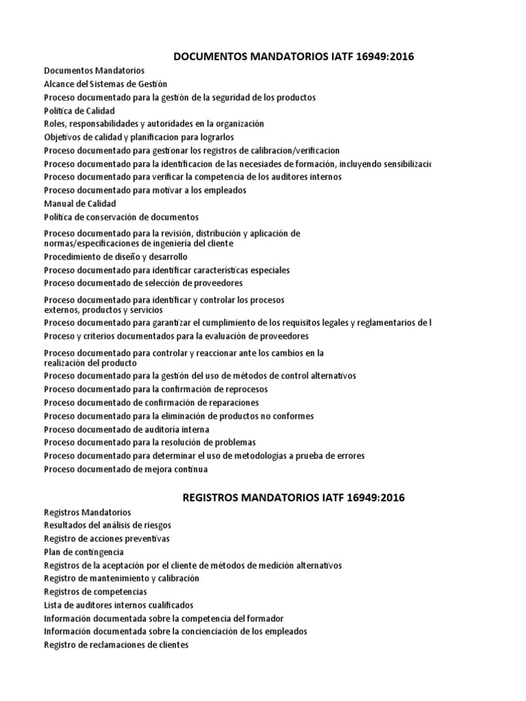 Documentos Mandatorios IATF 16949 | PDF | Calidad (comercial) | Software