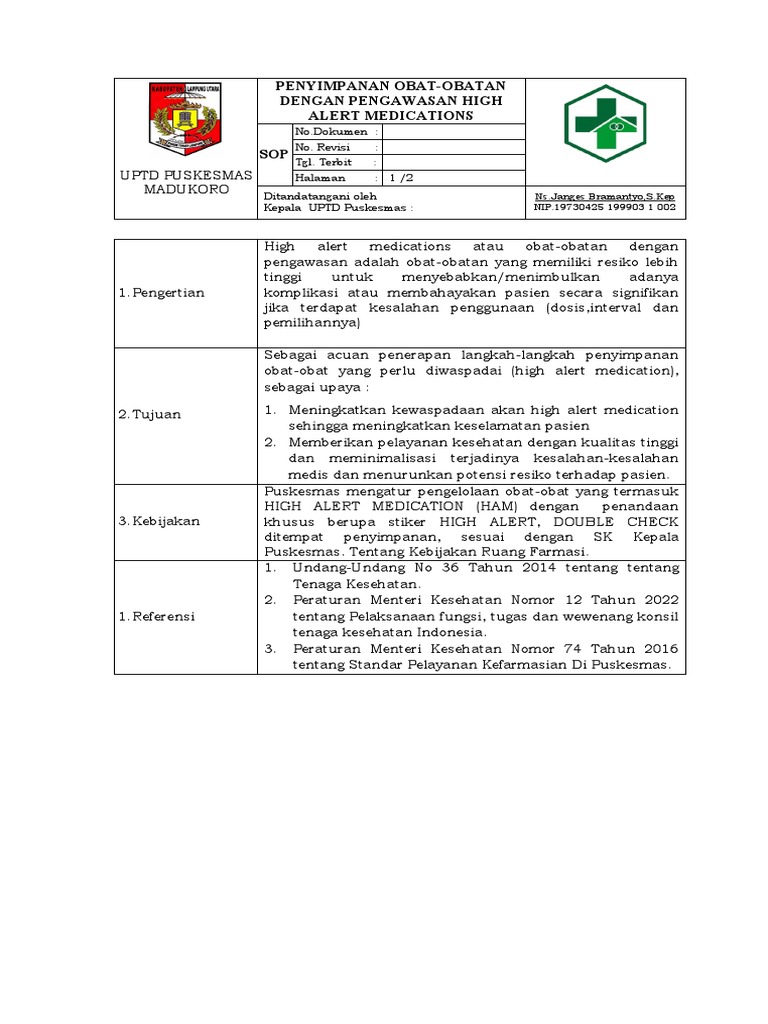 SOP Penyimpanan Obat High Alert Puskesmas | PDF