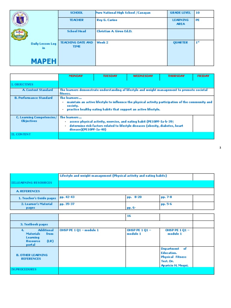 Q1 Grade 10 PE DLL Week 1 | PDF | Learning | Physical Fitness