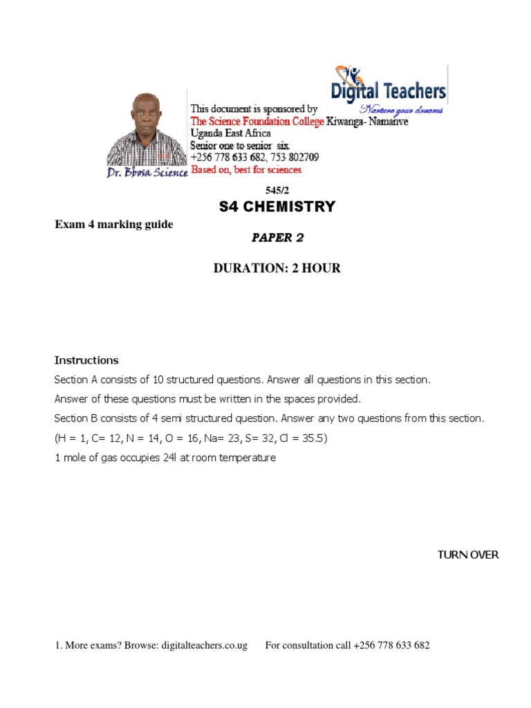 s4 Chemistry Paper 2 Set 4 Marking Guide 1 | PDF | Chlorine | Chemical ...