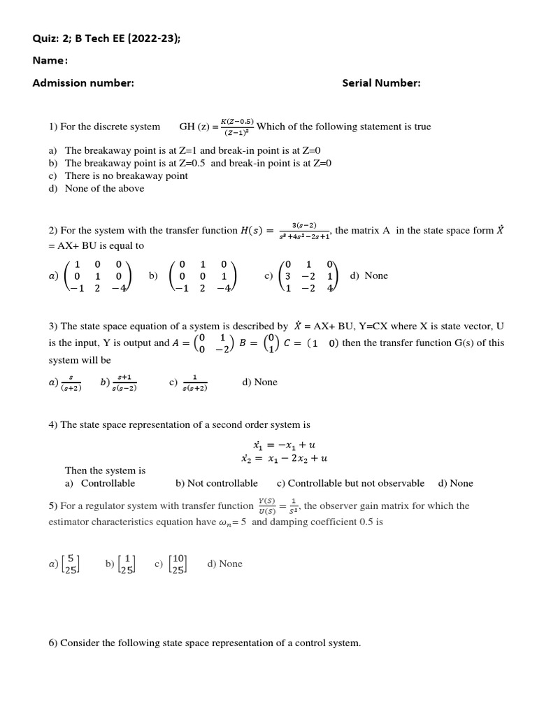 Quiz 2 D | PDF | Control Engineering | Linear Algebra