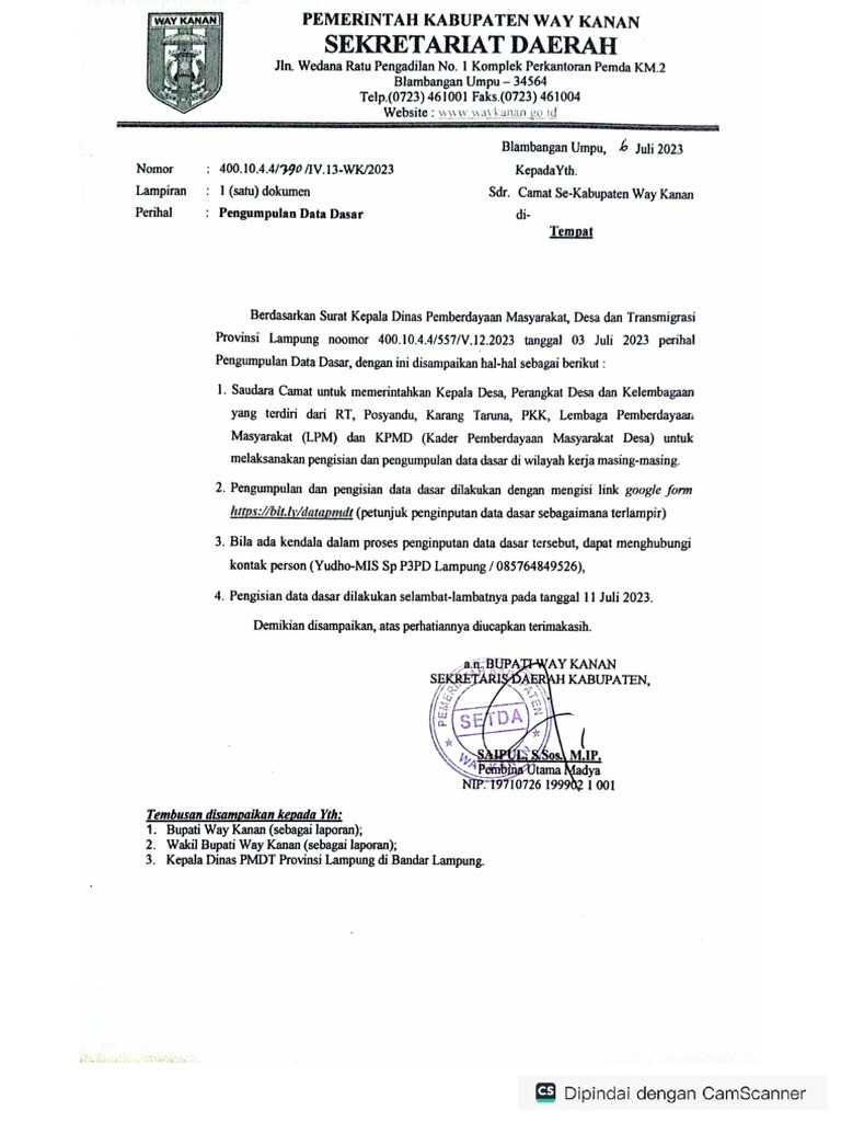 Surat Sekda Ke Camat Perihal Permintaan Data Dasar Kampung | PDF