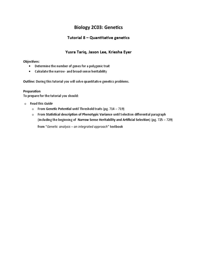Tutorial 8 - Quantitative Genetics | PDF | Heritability | Allele