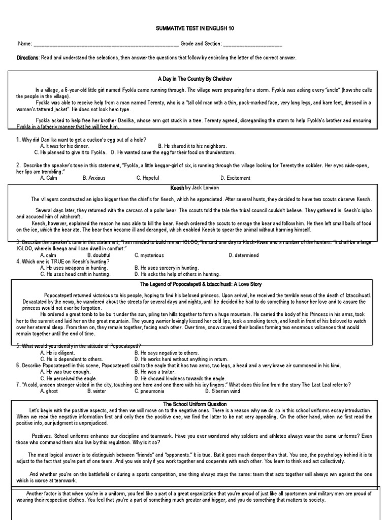 Summative Test English 10 | PDF