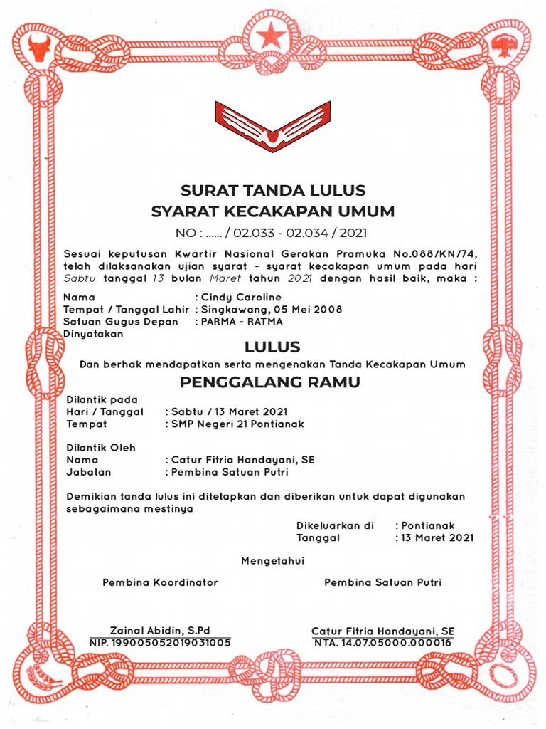 Surat Tanda Lulus Penggalang Ramu | PDF