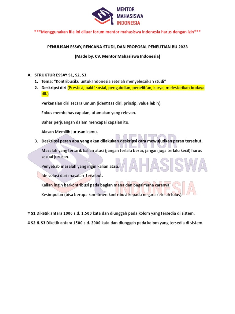Penulisan Essay, Rencana Studi, Dan Proposal Penelitian Bu 2023 | PDF