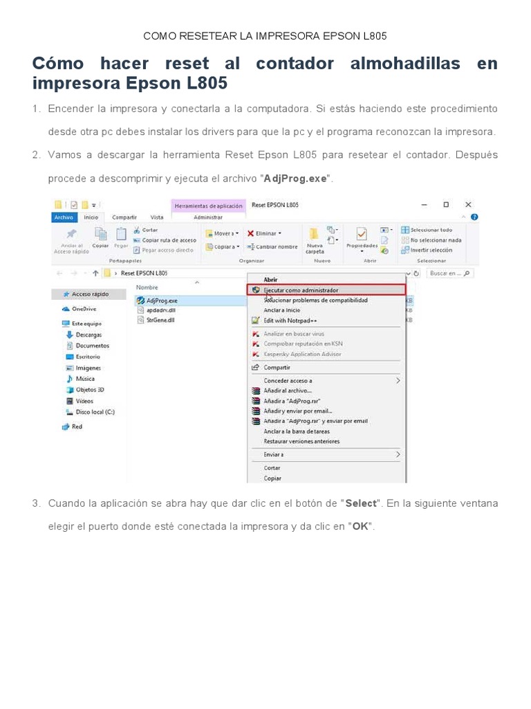 Como Resetear La Impresora Epson L805 | PDF