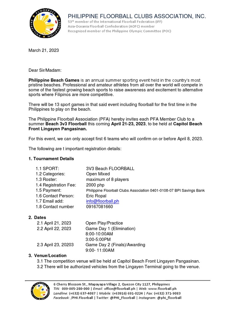 PBG 2023 Beach Floorball Invitation and Information Letter | PDF ...