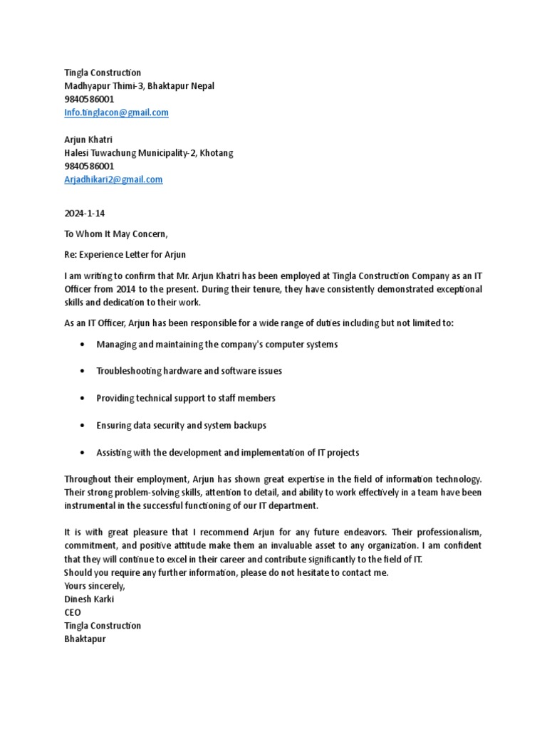 Experiance Letter Sample | PDF | Information Technology | Computing