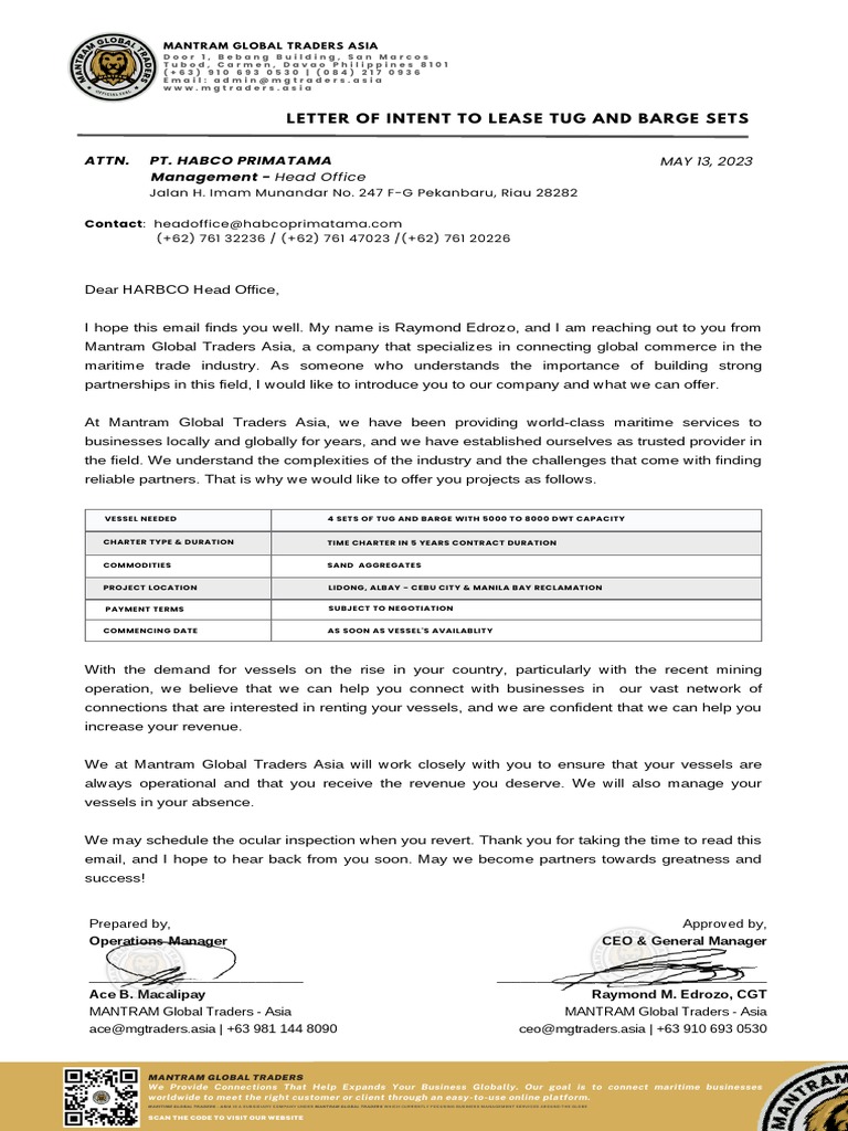 Letter of Intent to PT. HARBCO Primatama | PDF