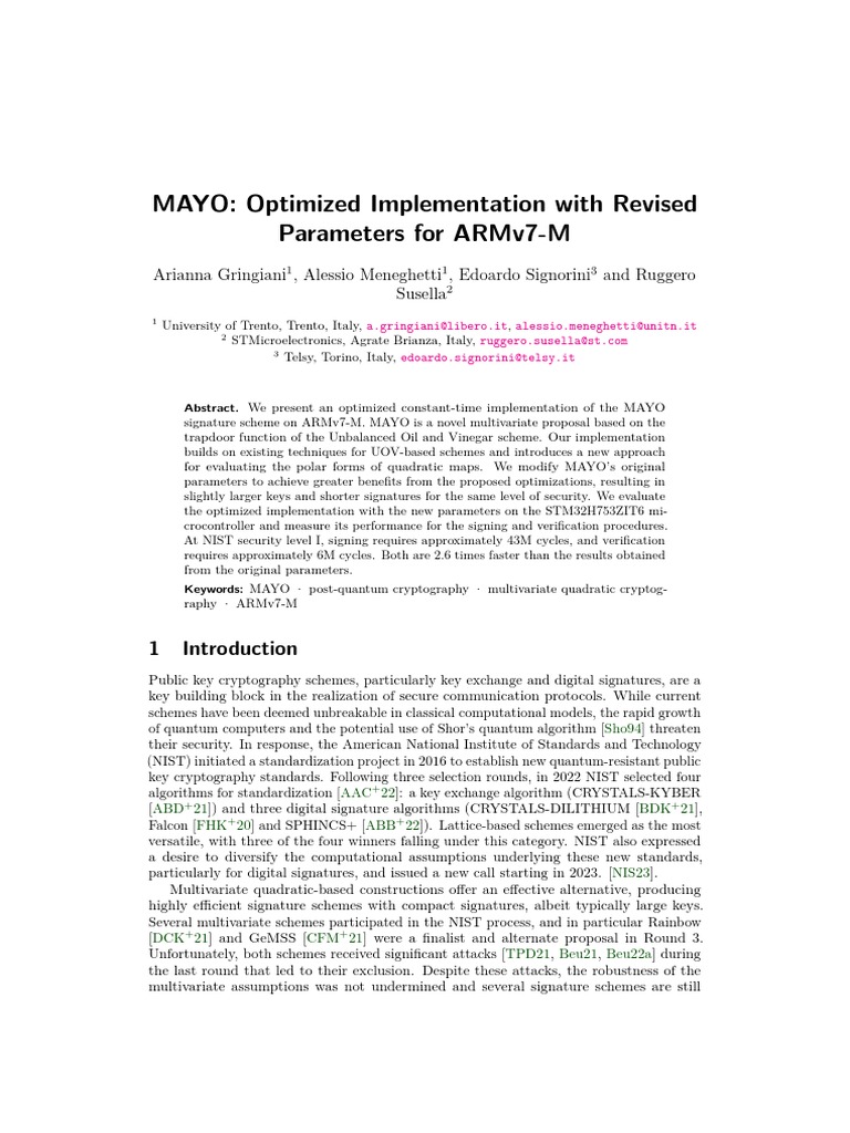 Mayo: Optimized Implementation With Revised Parameters For Armv7-M | Download Free PDF | Matrix ...