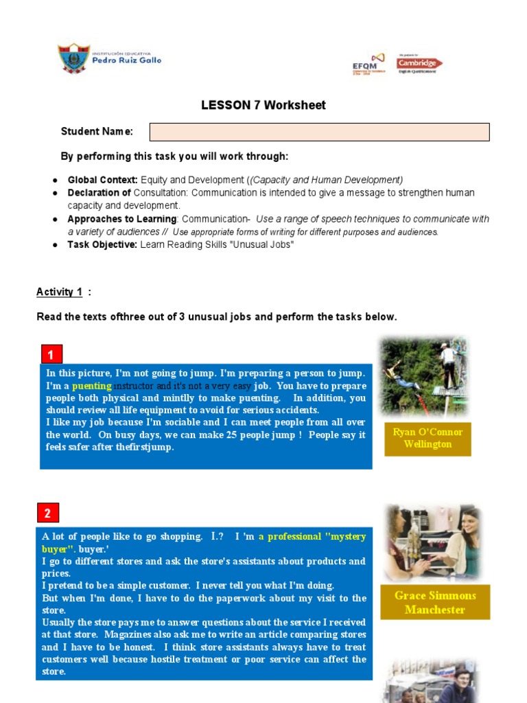 Unusual Jobs Worksheet for Students | PDF