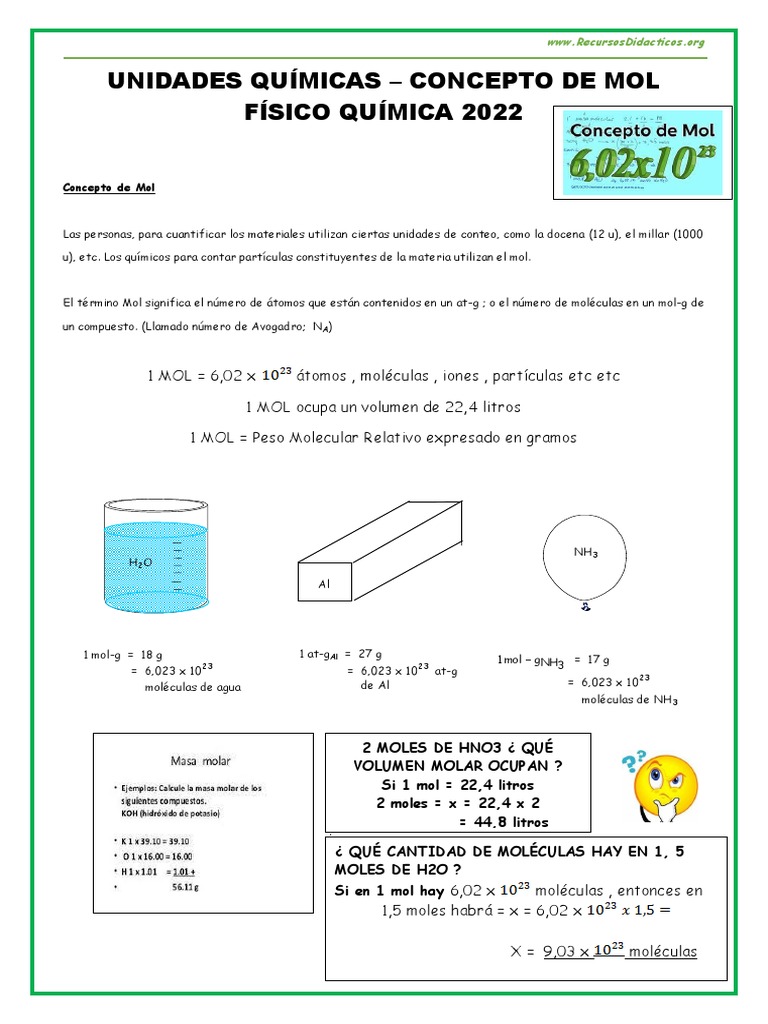 Concepto de Mol Teoría y Ejercicios 2022 | PDF | Mole (Unidad) | Química