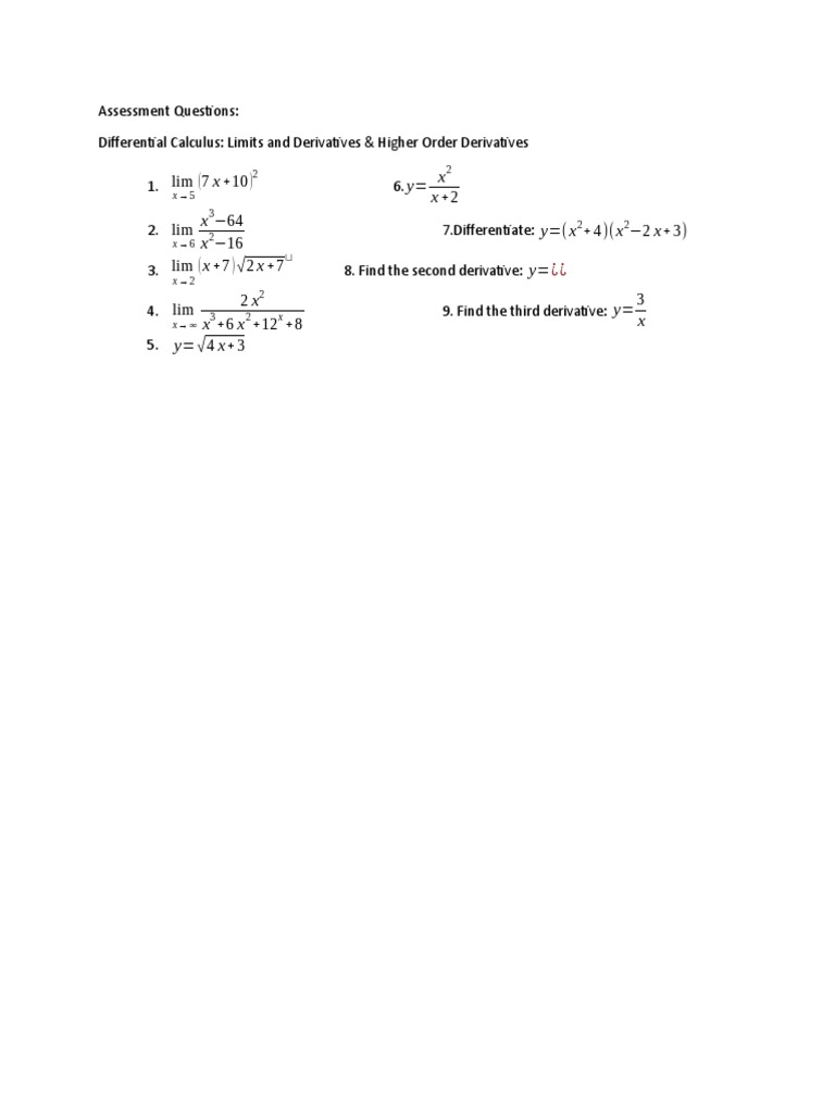 Differential Calculus Assessment Questions | PDF