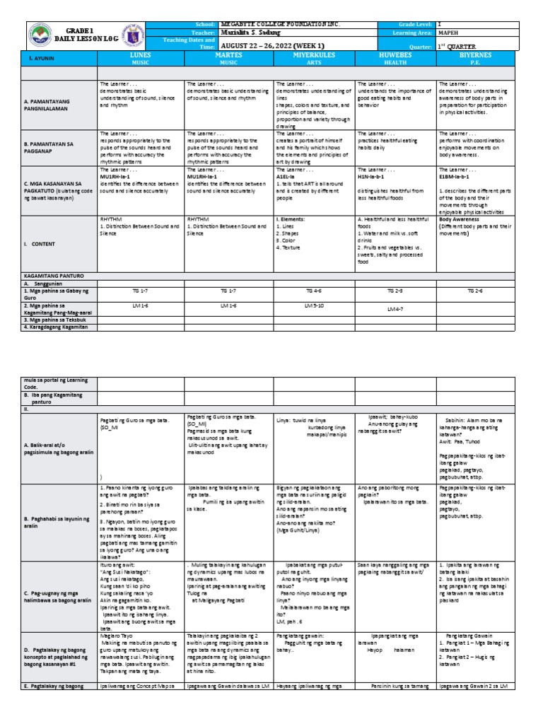 DLL - Mapeh 1 - Q1 - W1 | PDF | Rhythm | Learning