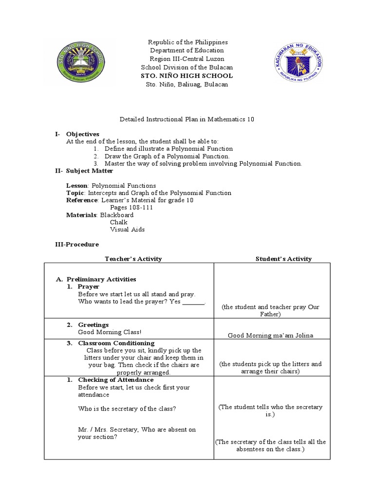Lesson Plan Polynomial Function | PDF | Factorization | Zero Of A Function