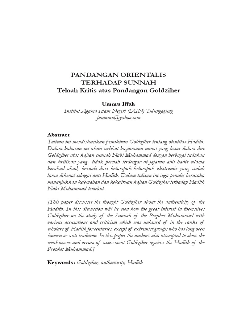 PANDANGAN ORIENTALIS TERHADAP SUNNAH Telaah Kritis Atas Pandangan Goldziher | PDF
