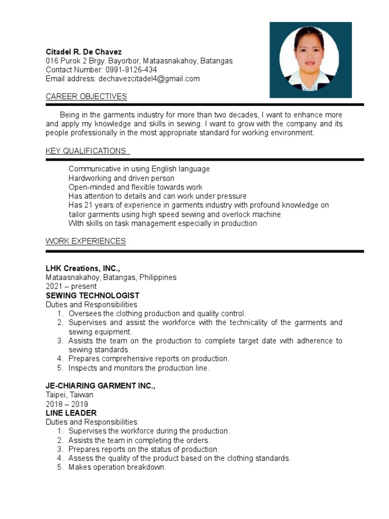 Citadel-R.-De-Chavez-Curriculum-Vitae | PDF | Sewing | Clothing