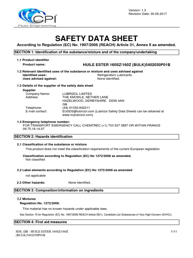 Danfoss Maneurop Safety Data Sheet Polyolester Oil 160SZ 160Z English | PDF | Personal ...