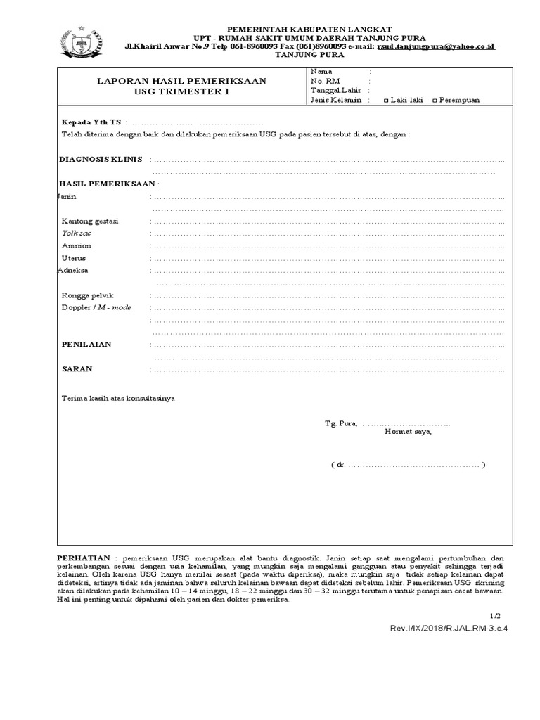 R.JAL - RM-3.c.4 Laporan USG Trimester 1 | PDF