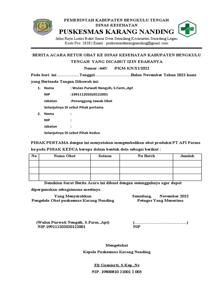 Berita Acara Retur Obat | PDF