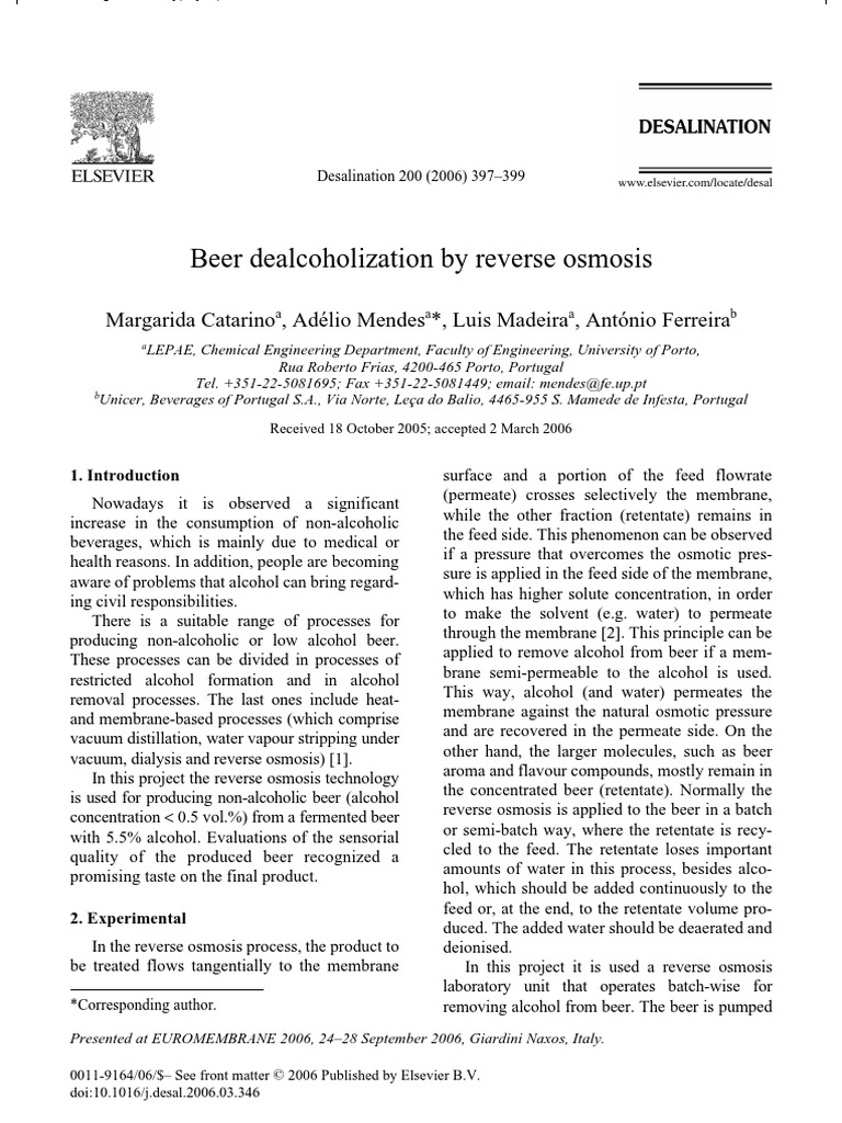 2006 - Beer Dealcoholization by Reverse Osmosis | PDF | Osmosis | Ethanol