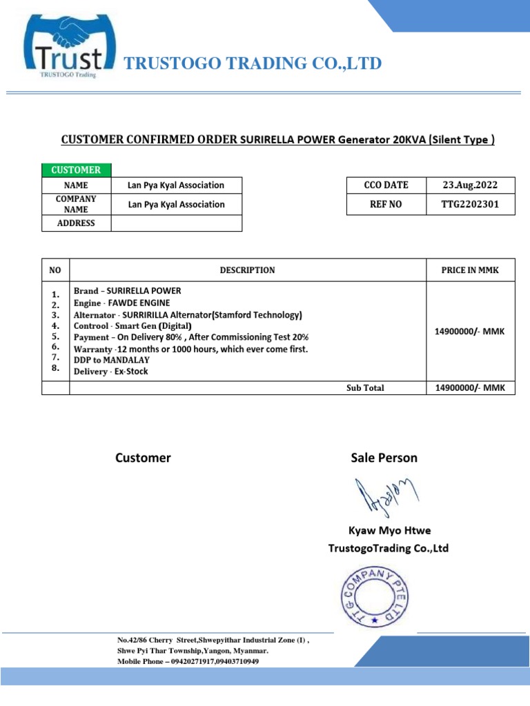 Order Confirmation for 20KVA Generator | PDF