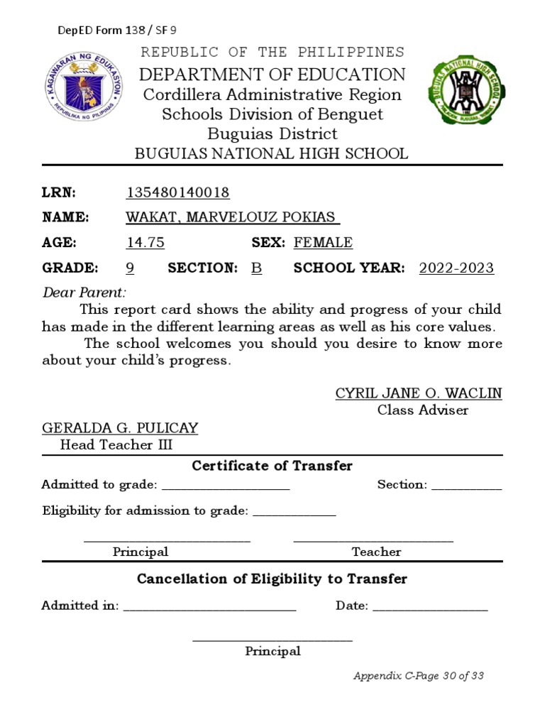 DepEd FORM 138 (School Card) | PDF