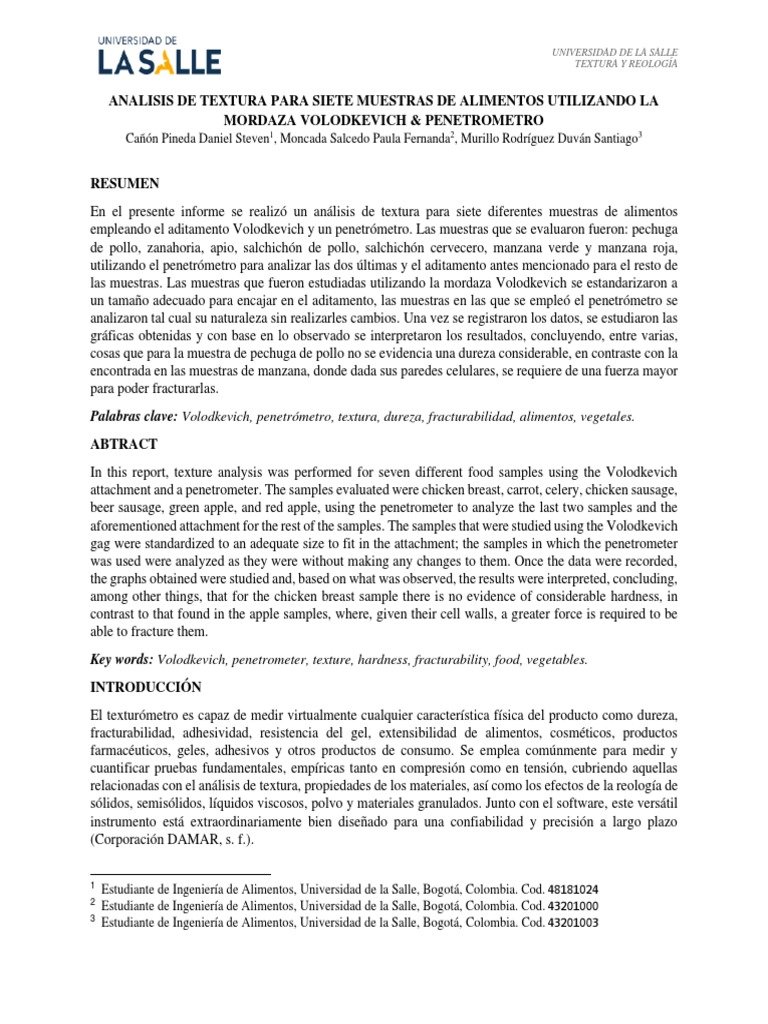 Informe Textura - Volodkevich | PDF | Alimentos | Desviación Estándar