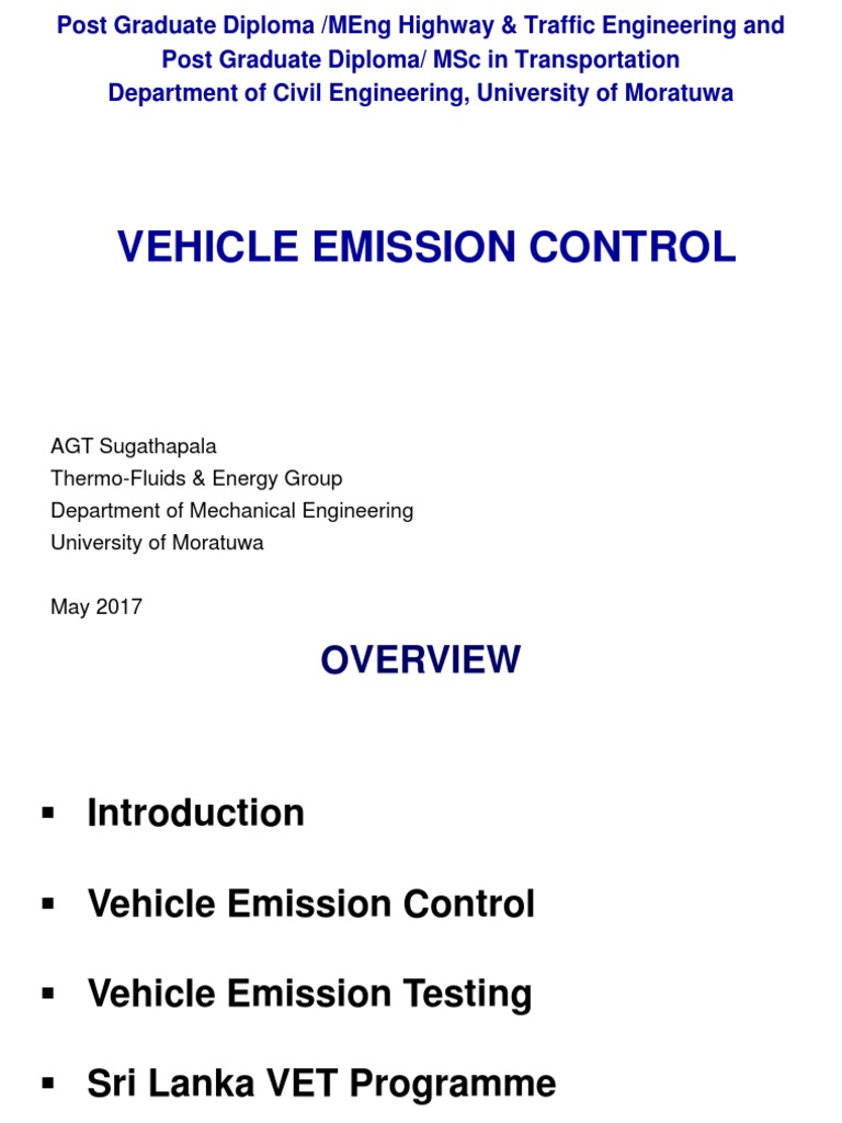 Vehicle Emission Control - MEng Transport - Dept Civil - 2017 | PDF