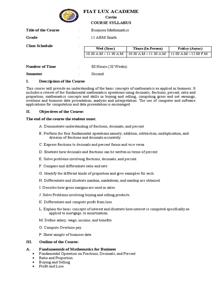 Business Math Syllabus | PDF | Mathematics | Gross Margin