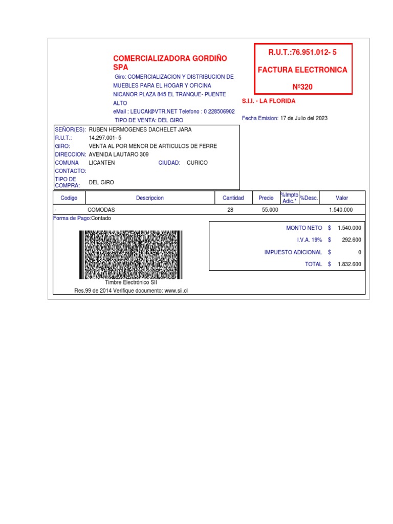 Factura #320 Ruben Hermogenes Dachelet Jara | PDF