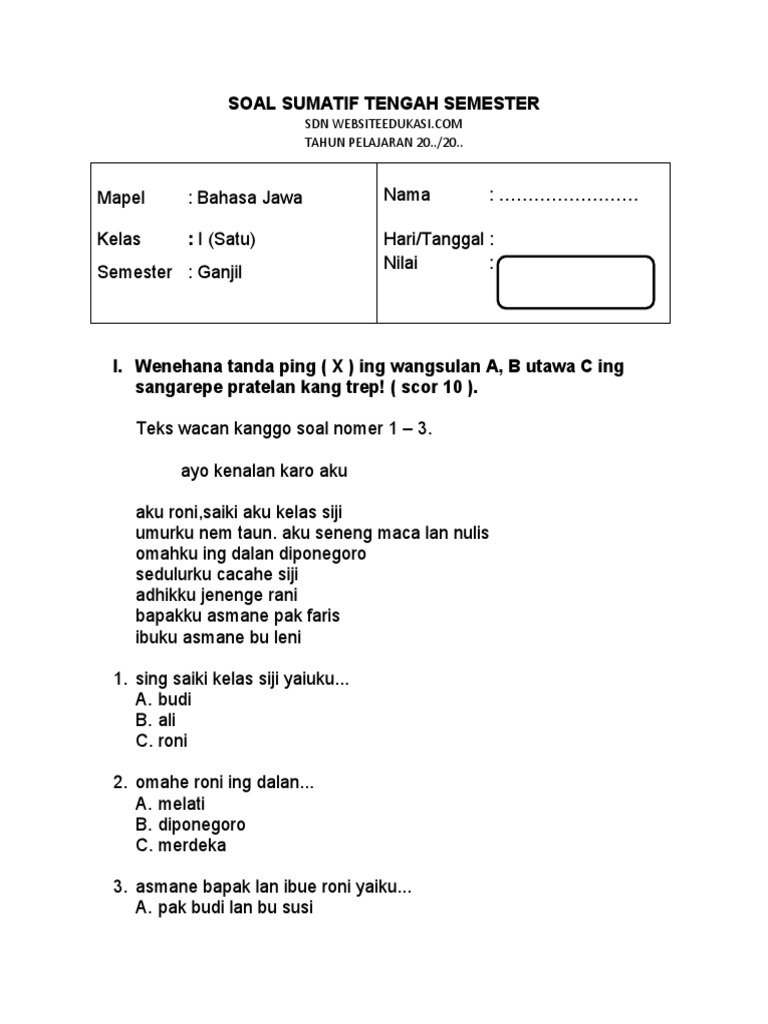 Soal STS B.Jawa Kelas 1 | PDF