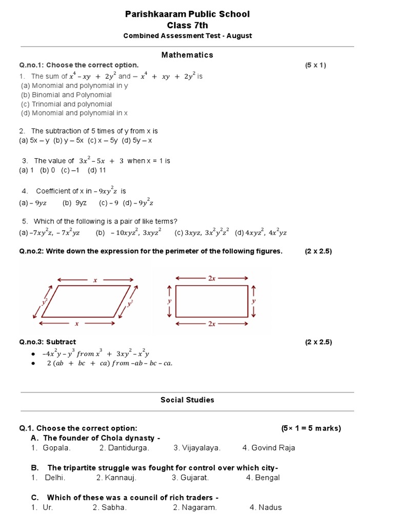 Class-7-Assessment Test | PDF | Polynomial | Factorization