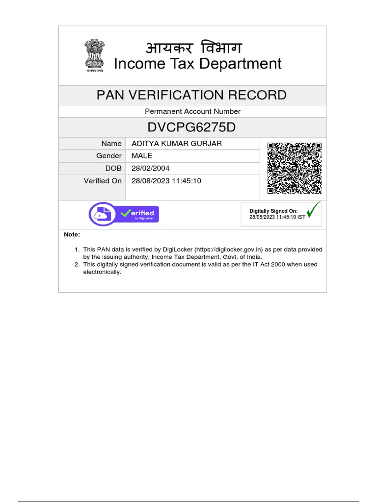 PAN Verification Record for Aditya Gurjar | PDF