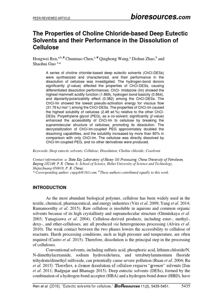 the properties of choline chloride based DES and their performance in ...