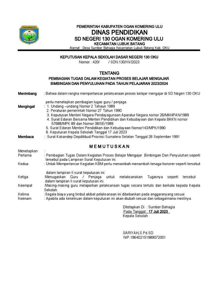 Pembagian Tugas Guru SD 130 OKU 2023/2024 | PDF