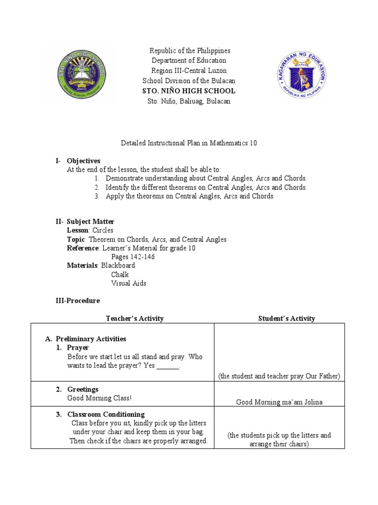 Lesson Plan Theorems of Arcs | PDF | Circle | Perpendicular