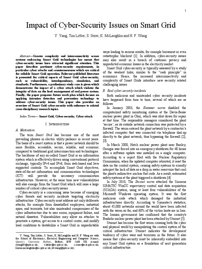 Impact Of Cyber Security Issues On Smart Grid Pdf Security Computer Security
