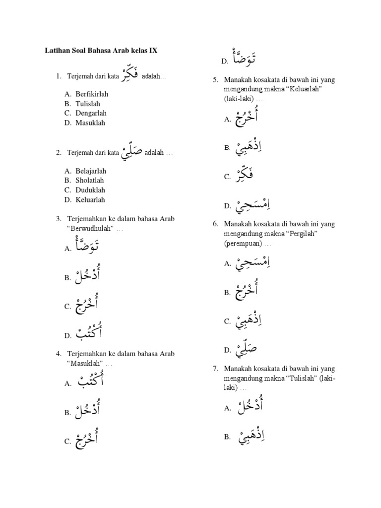 Latihan Soal Bahasa Arab Kelas IX | PDF