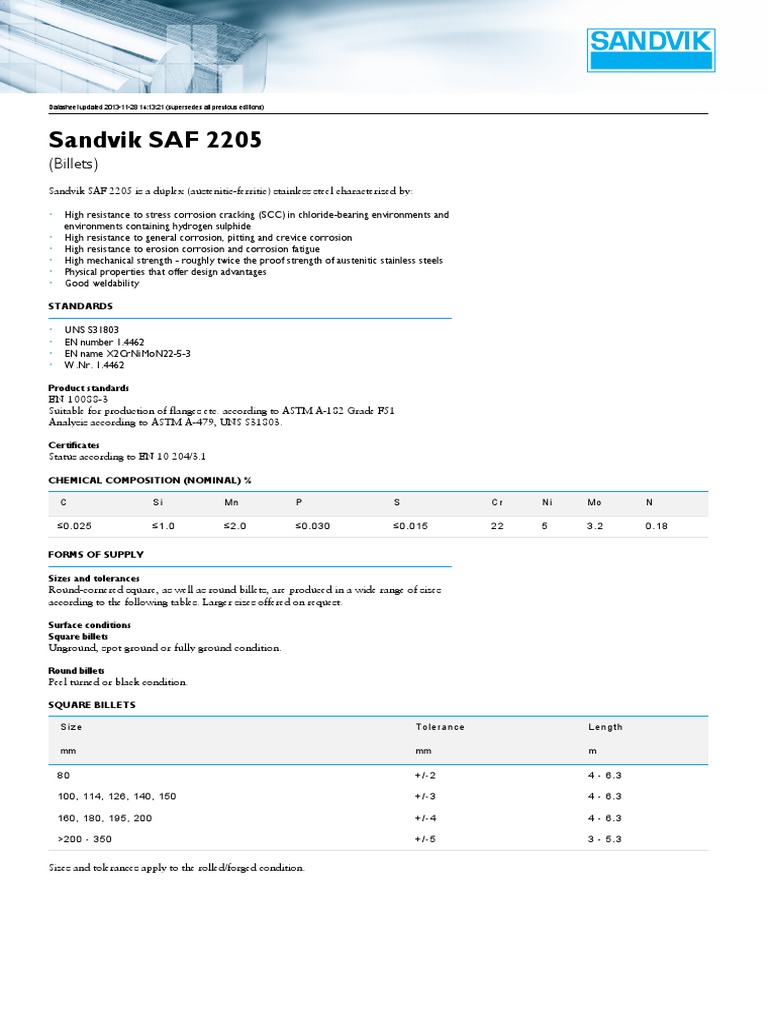 SAF 2205 Datasheet | PDF | Stainless Steel | Corrosion