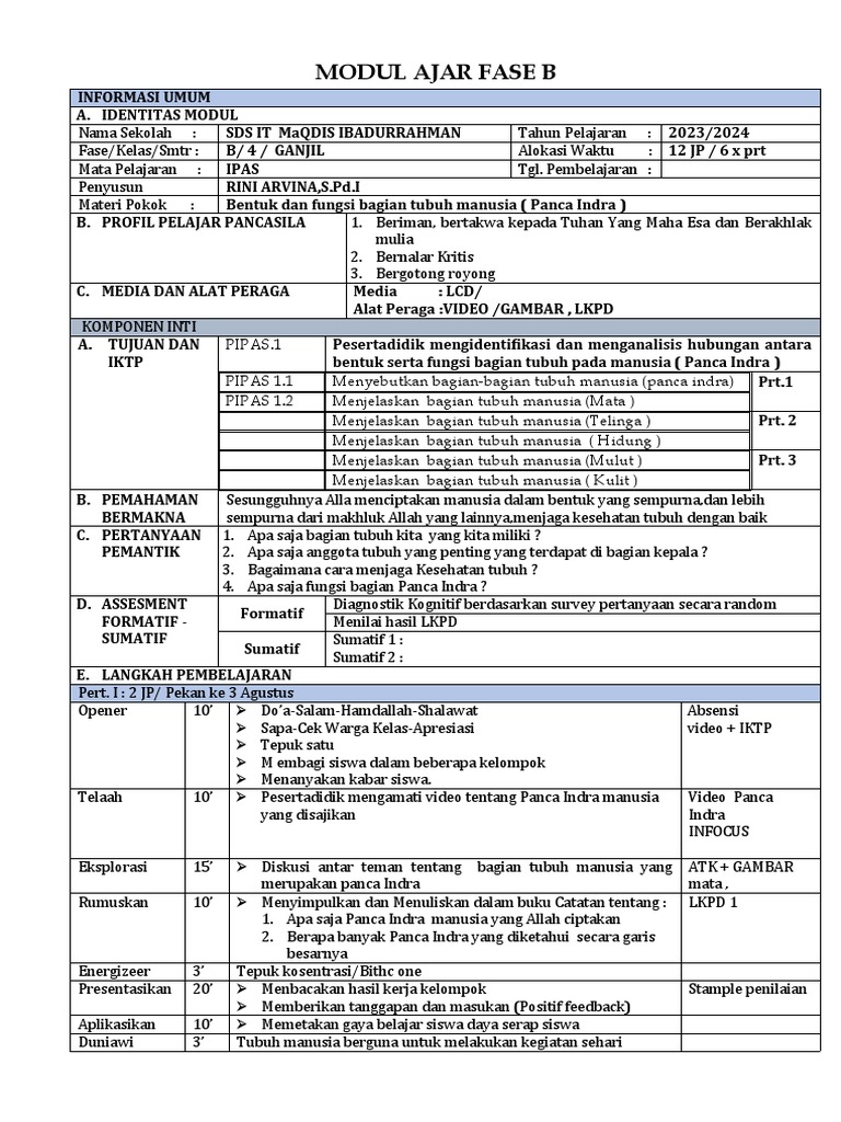 Modul Ajar Ke 3 Bagian Tubuh Manusia.2 | PDF
