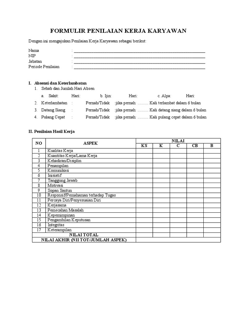 Formulir Penilaian Kerja Karyawan | PDF