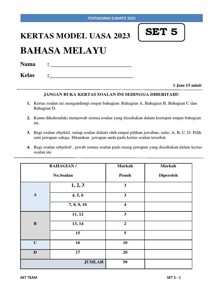 Set 5 Kertas Model Uasa Bahasa Melayu 2023 | PDF