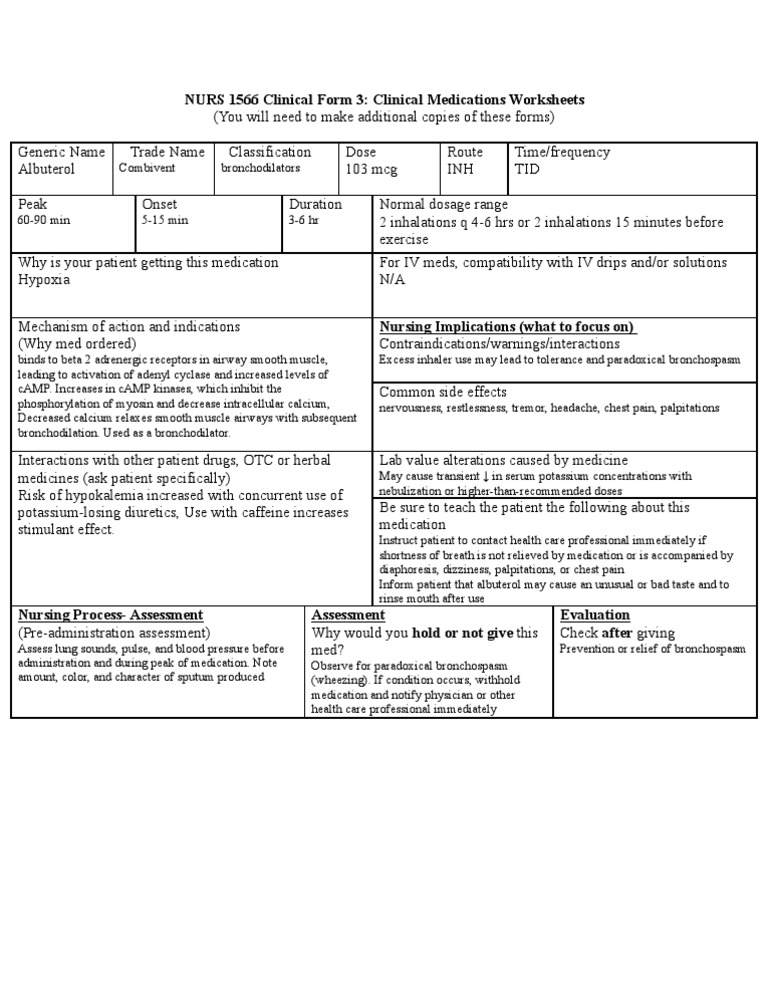 Albuterol Medication Worksheet Guide | PDF | Pharmacology | Medicine
