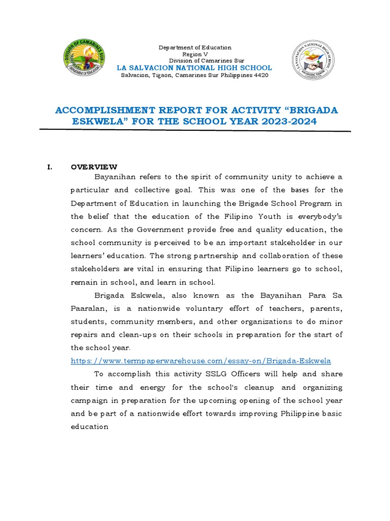 Accomplishment Report For Brigada Eskwela | Download Free PDF | Behavior Modification | Learning