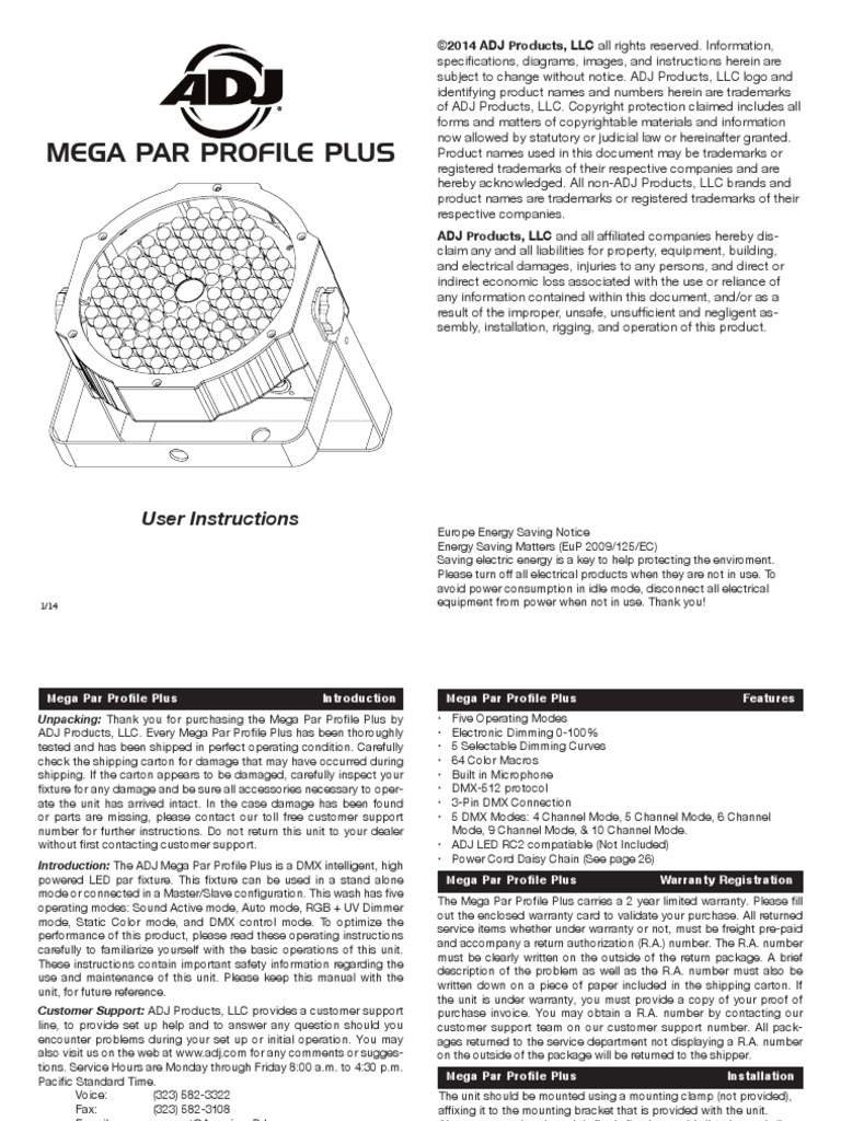 Mega Par Profile Plus: User Instructions | PDF | Electrical Connector | Electronics