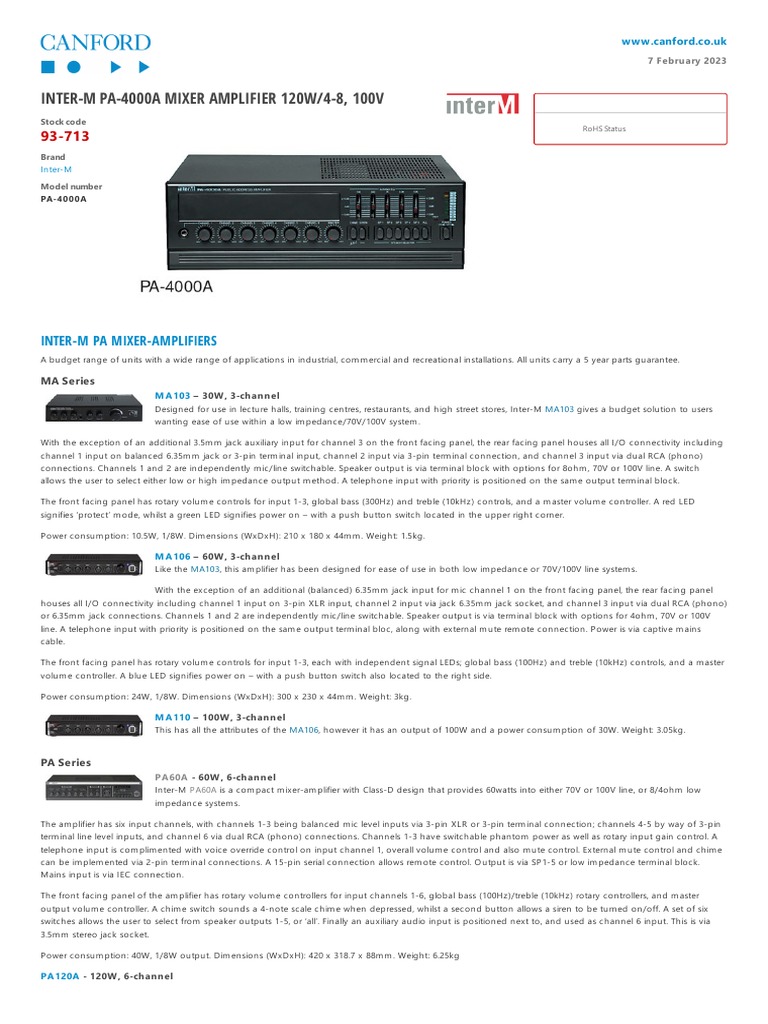Inter-M Pa-4000a Mixer Amplifier 120W4-8, 100V | PDF